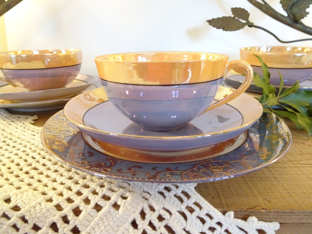 Beautiful Set of Three Lusterware Tea Cups With Plates Blue, Orange ...