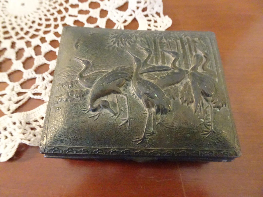 Vintage, Crane Cigarette Box- Lidded, Metal Box With Embossed Design ...