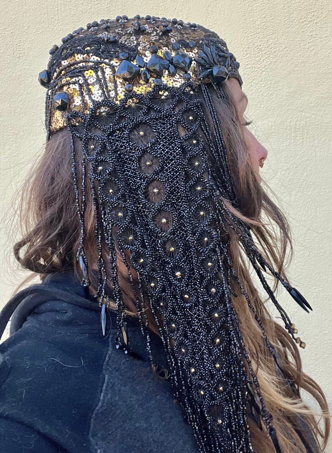 Victorian Jet Black and Gold Headdress by Marci Ann of Turkish Drop - Etsy