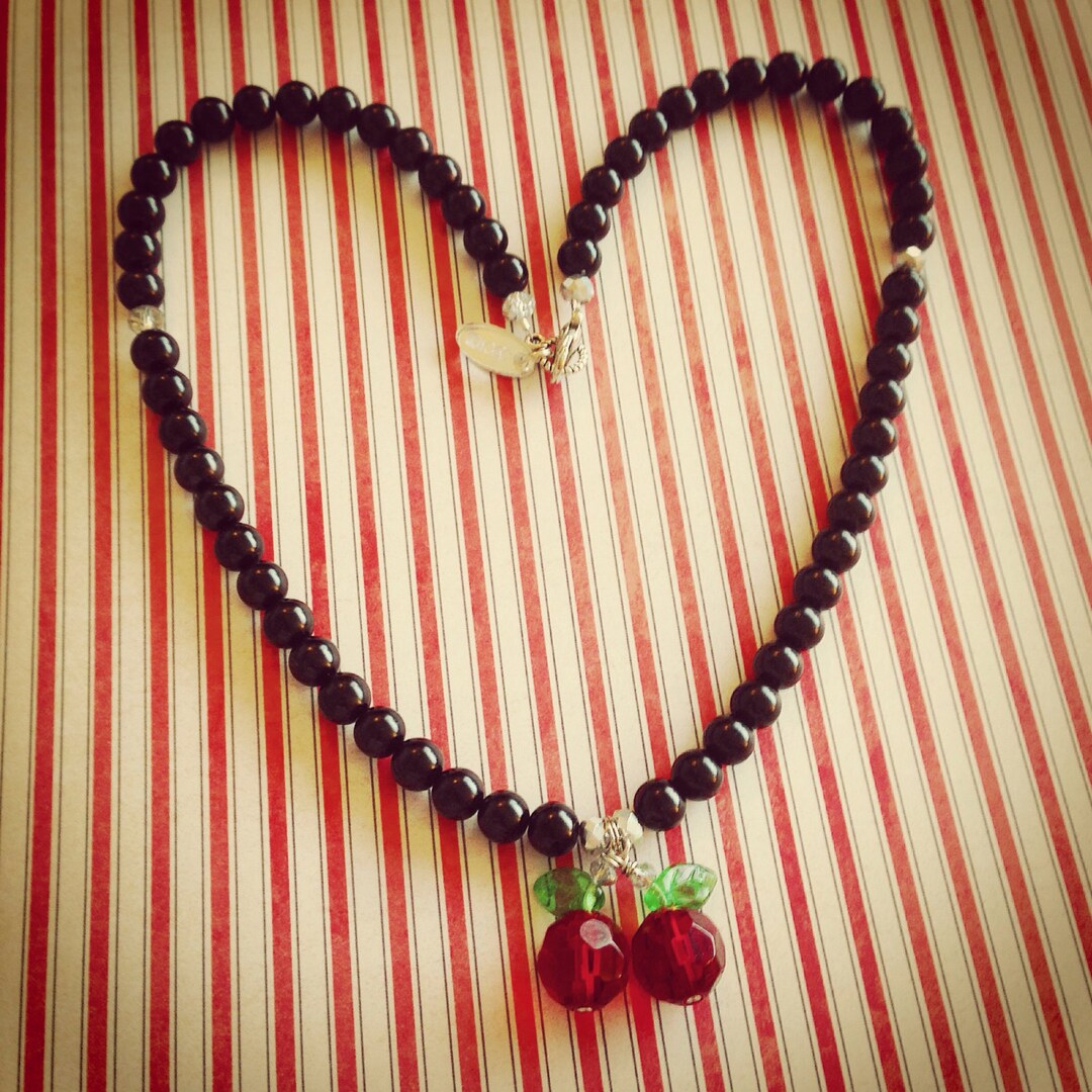 1950s Jewelry Cherry Necklace Cherry Cola Black Pearl Necklace With Red ...