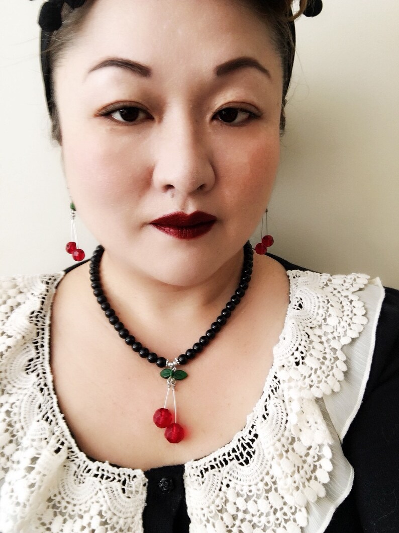 Red Cherry Necklace Cherry Duo Black Pearl Necklace Set - Etsy