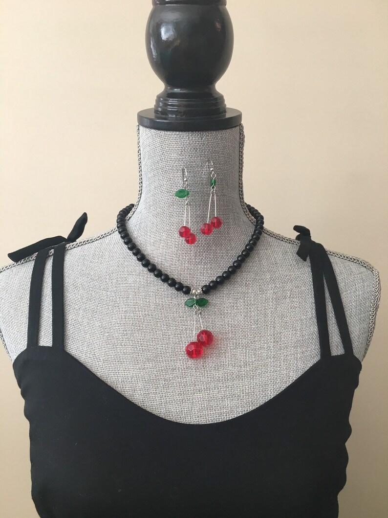 Red Cherry Necklace Cherry Duo Black Pearl Necklace Set - Etsy
