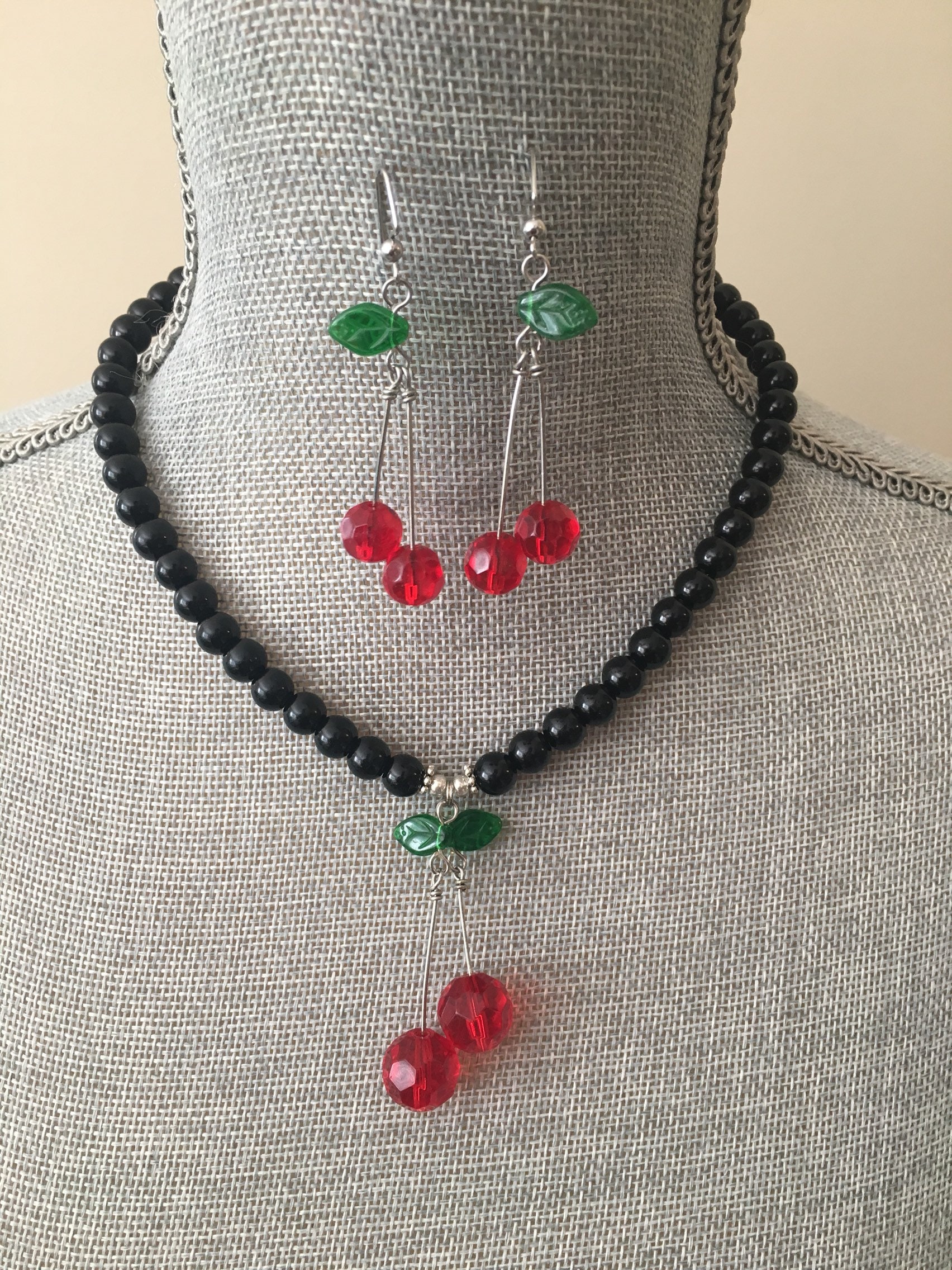 Red Cherry Necklace Cherry Duo Black Pearl Necklace Set | Etsy