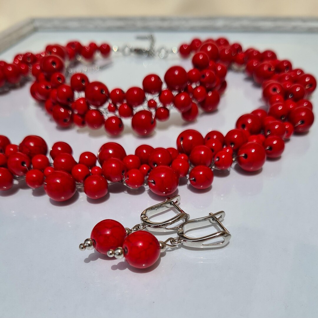 Red Jewelry Set, Coral Necklace, Bracelet, Earrings, Statement Jewelry ...