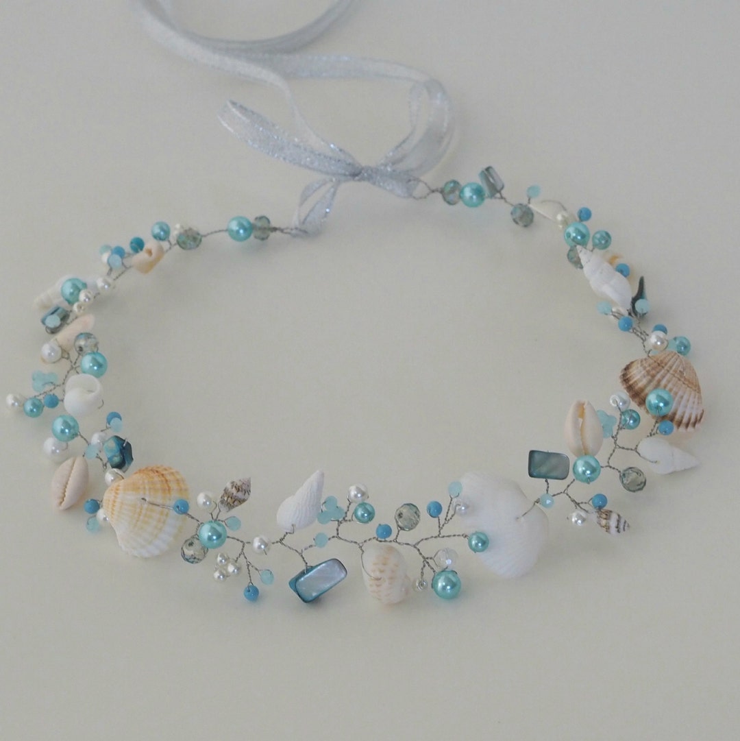 Blue Beach Bridal Tiara, Wedding Seashell Headpiece, Pearls Beach Crown ...