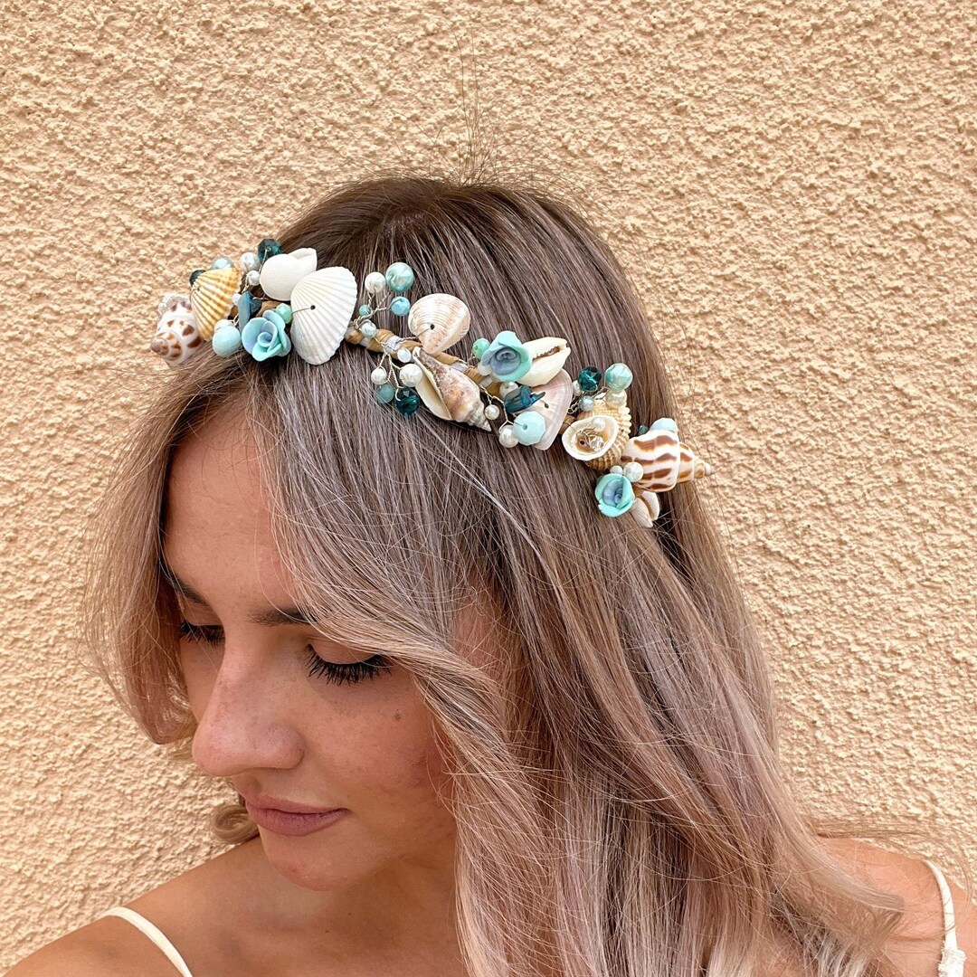 Stylish Beach Tiara, Shells Tiara, Beach Party Crown, Mint Beach Hair ...