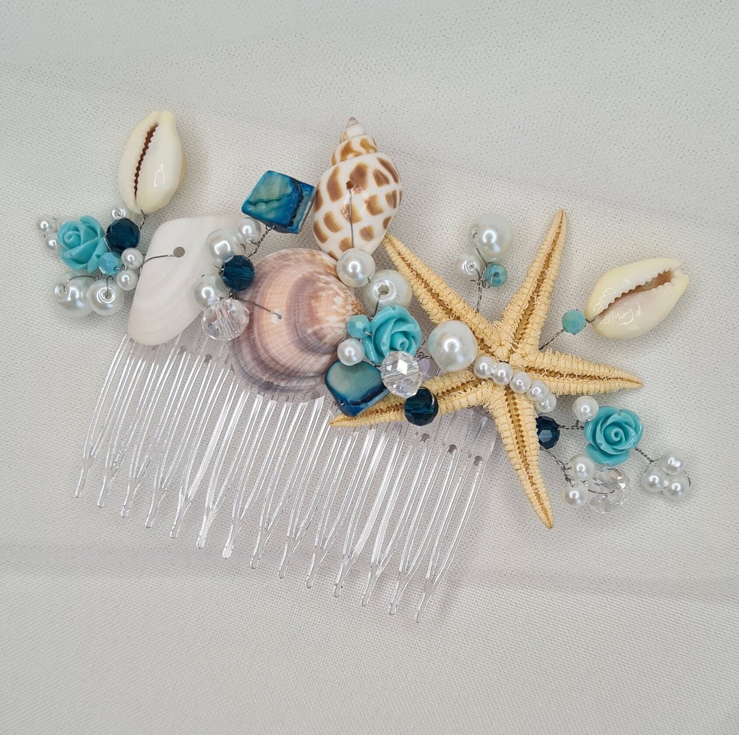 Seashell Hair Comb, Beach Wedding Hairpiece, Blue Shells Hair Comb ...
