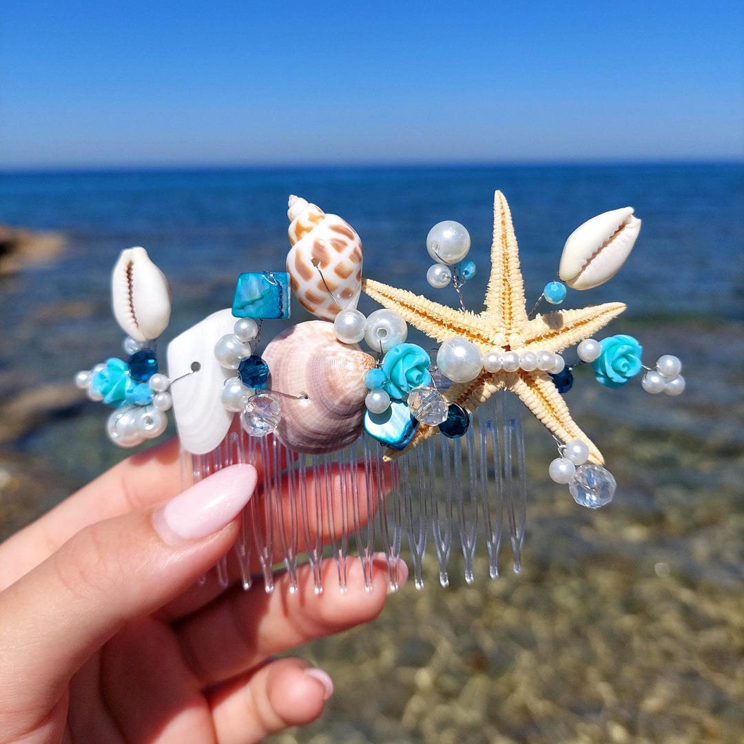 Seashell Hair Comb, Beach Wedding Hairpiece, Blue Shells Hair Comb ...