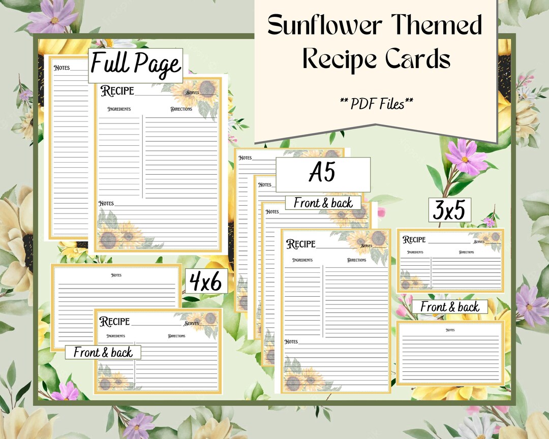 Sunflower Themed Blank Recipe Card Bundle | 4 Sizes | Full Page, 4x6 ...