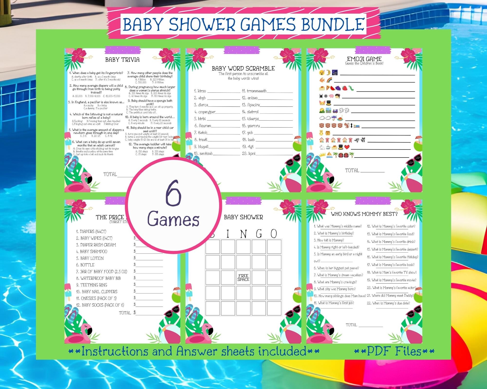 Pool Party Themed Baby Shower Games Bundle 6 Games PDF Only - Etsy