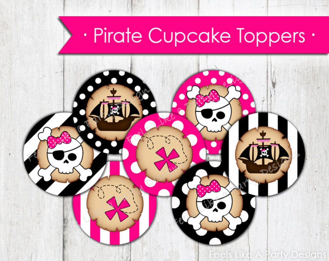 Pink Pirate Cupcake Toppers - Instant Download, Pink Pirate Party Favor ...