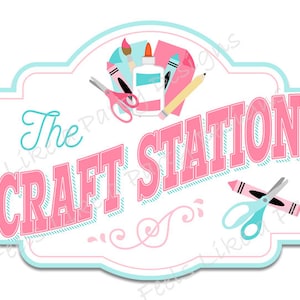 Pink and Blue Craft Station Sign - DIY Instant Download, Carnival Sign ...