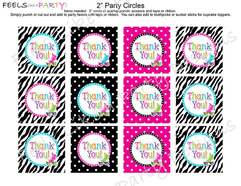Pink Roller Skate Thank You Cupcake Toppers Instant | Etsy