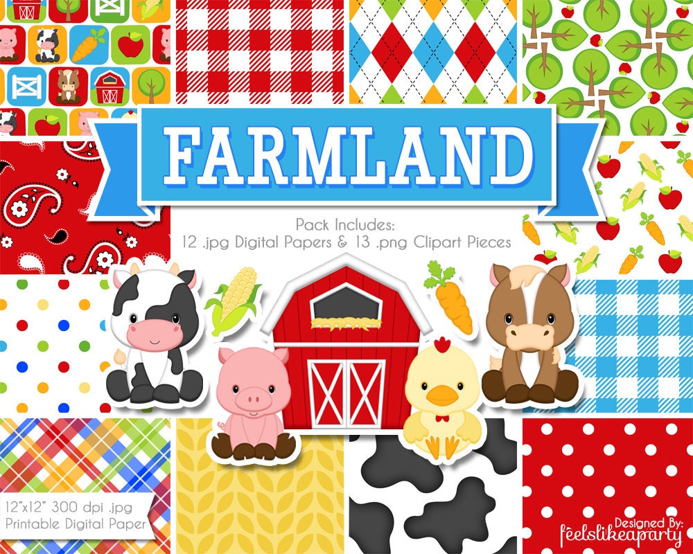 Farmland Digital Paper and Clip Art, Farm Animal Digital Scrapbook ...
