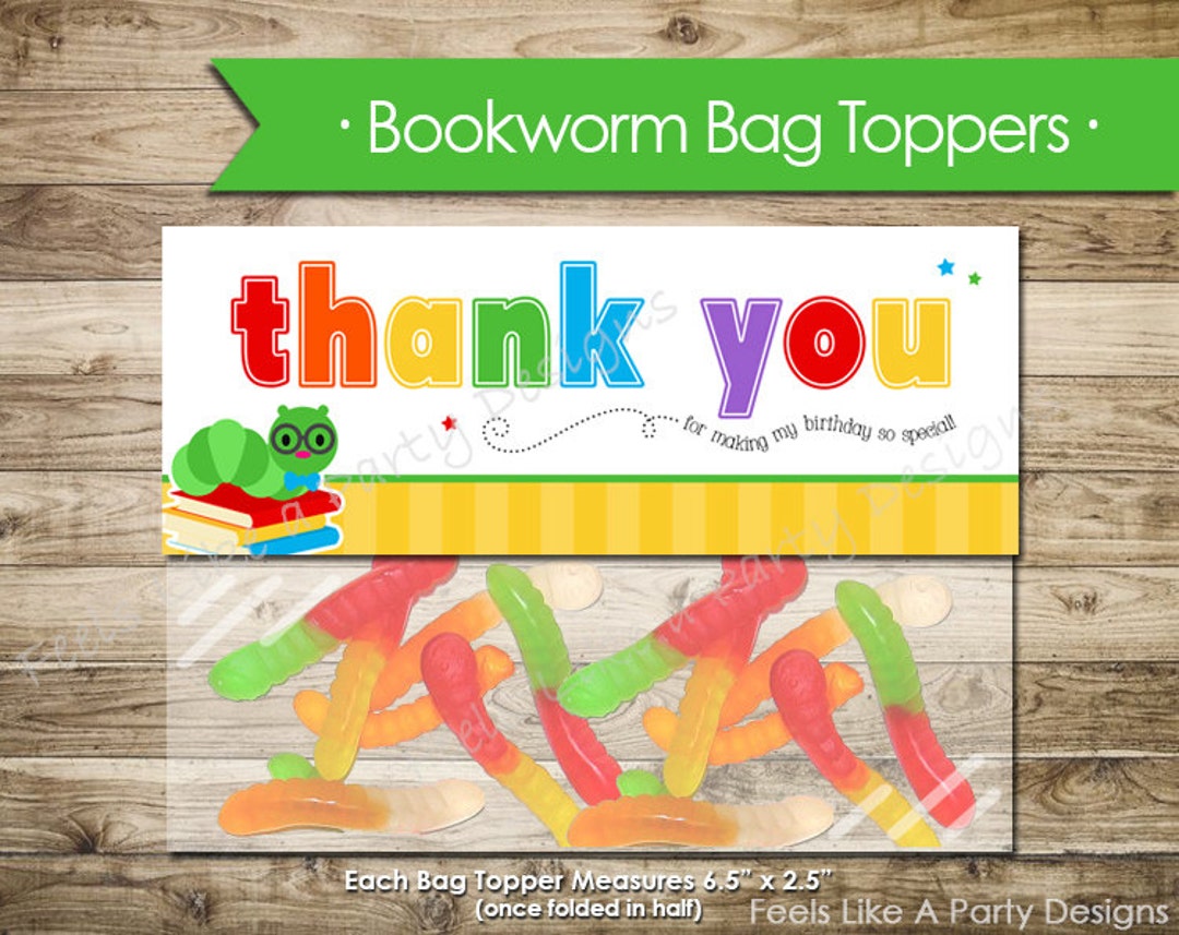 Boy Bookworm Thank You Bag Topper- Instant Download, Bookworm Party ...