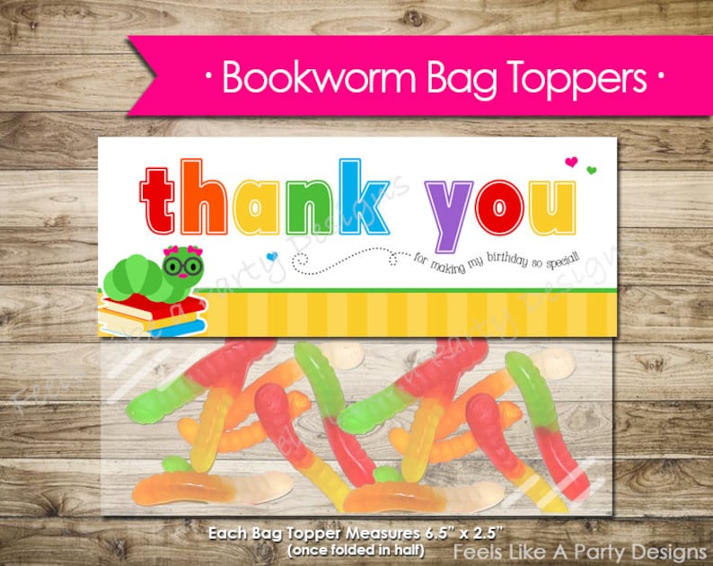 Girl Bookworm Thank You Bag Topper- Instant Download, Bookworm Party ...