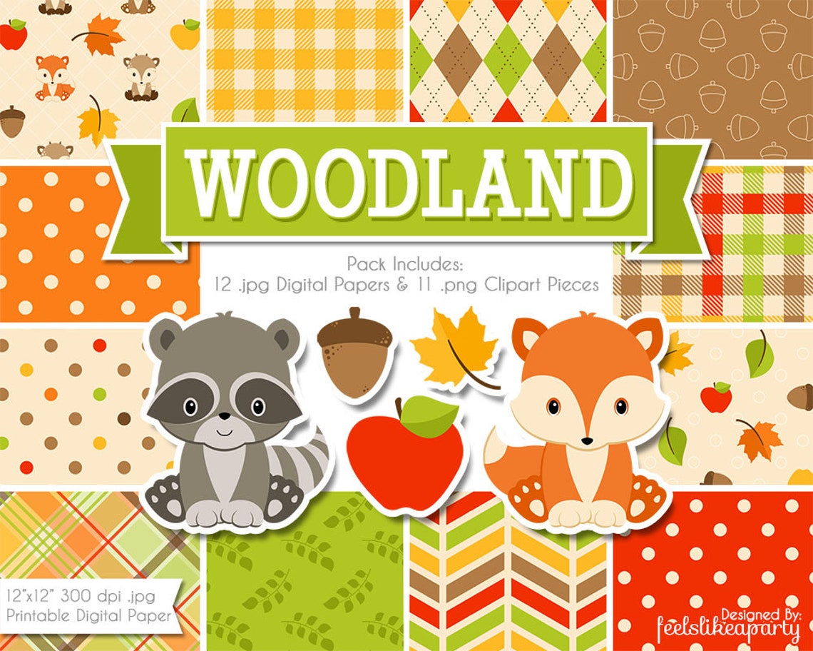 Woodland Digital Paper and Clip Art Fall Animals Digital - Etsy
