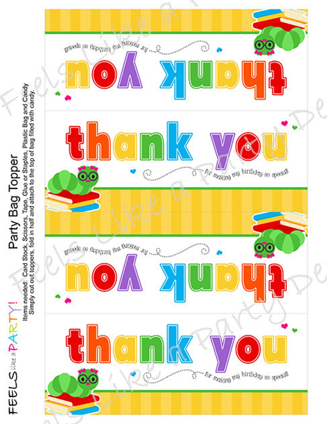 Girl Bookworm Thank You Bag Topper- Instant Download, Bookworm Party ...