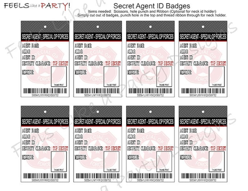 Secret Agent Spy ID Badges - Instant Download, Spy Party Favor, Spy ...