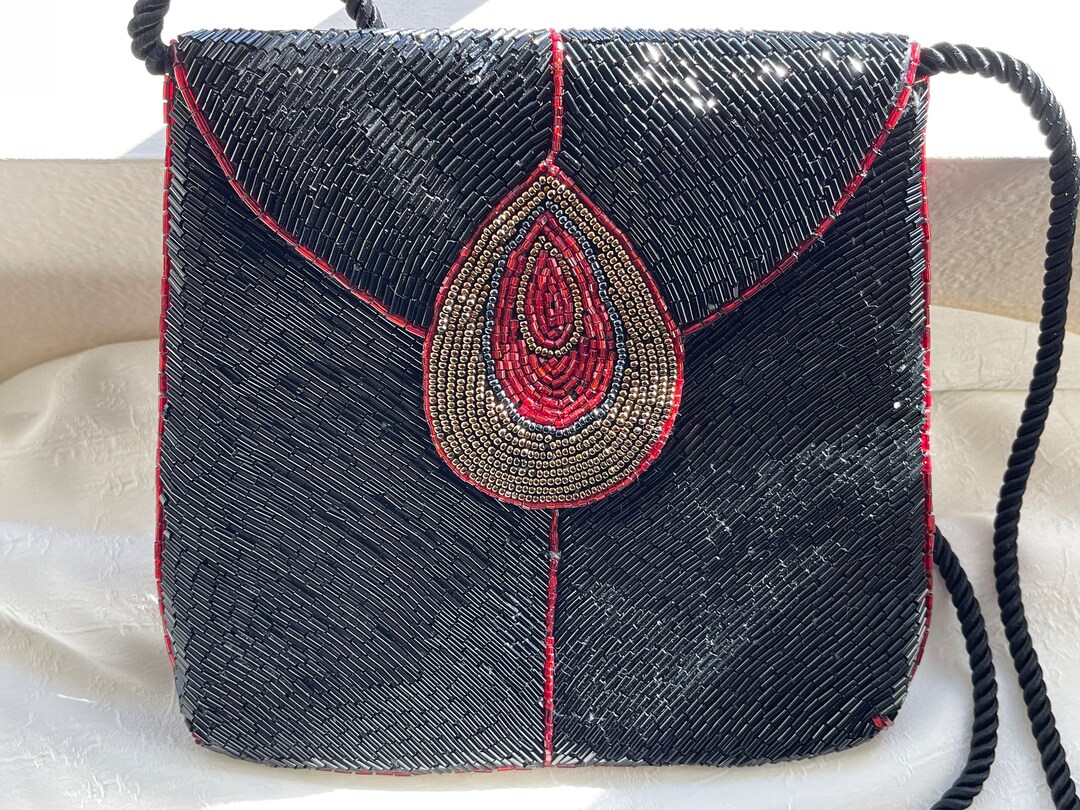 Vintage Christian Livingston Dress Handbag, Beaded Purse in Black and ...
