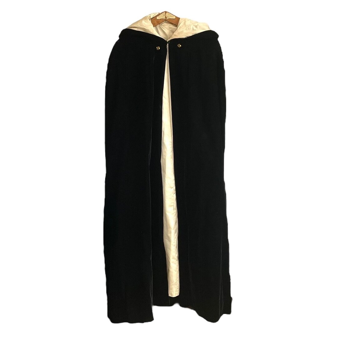 Vintage French Theatre Black Silk Velver Long Hooded Coat Cloak Cape ...