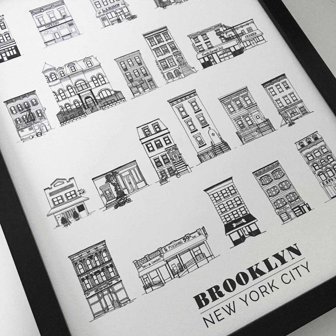 Brooklyn Brownstones & House Illustration 11x14in Print - Etsy