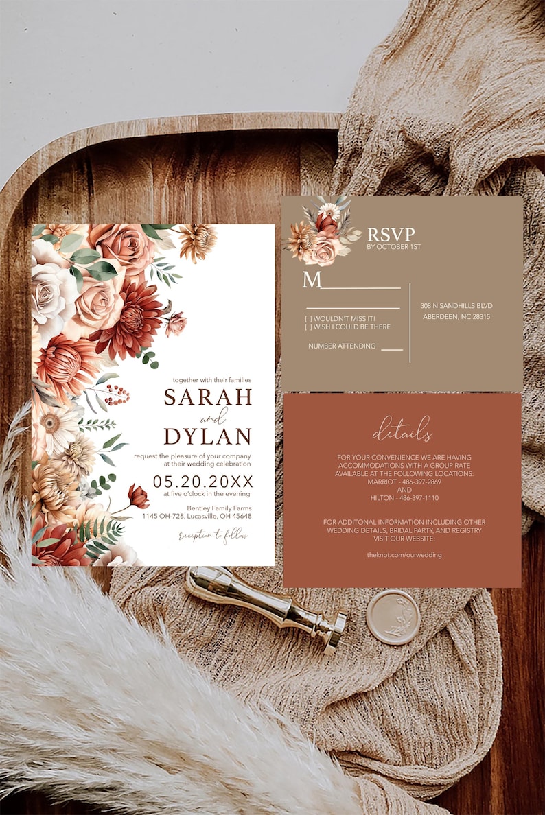 Boho Wedding Invitation Printed Terracotta Wedding Invite Boho Floral ...