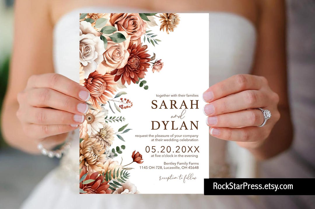 Boho Wedding Invitation Printed Terracotta Wedding Invite Boho Floral ...