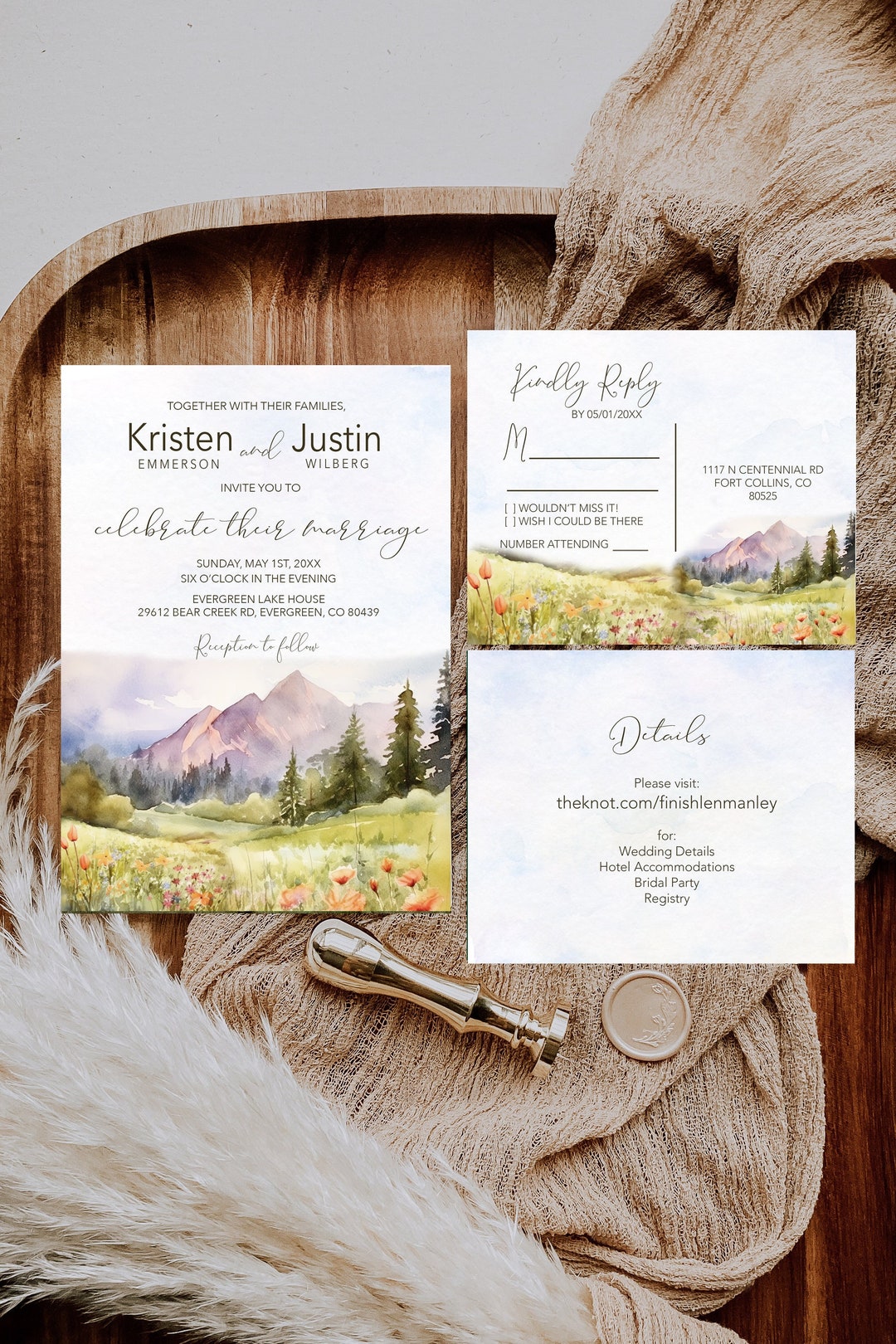 Watercolor Mountain and Wildflower Wedding Invitation Wedding Invite ...