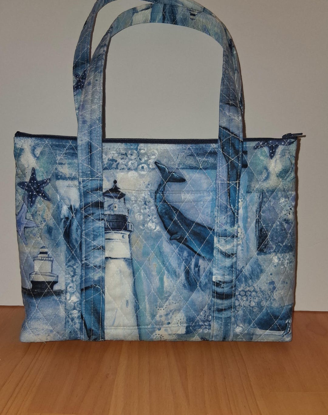 Lighthouse Whales Starfish Blue Navy White Print Quilted Purse Quilted ...