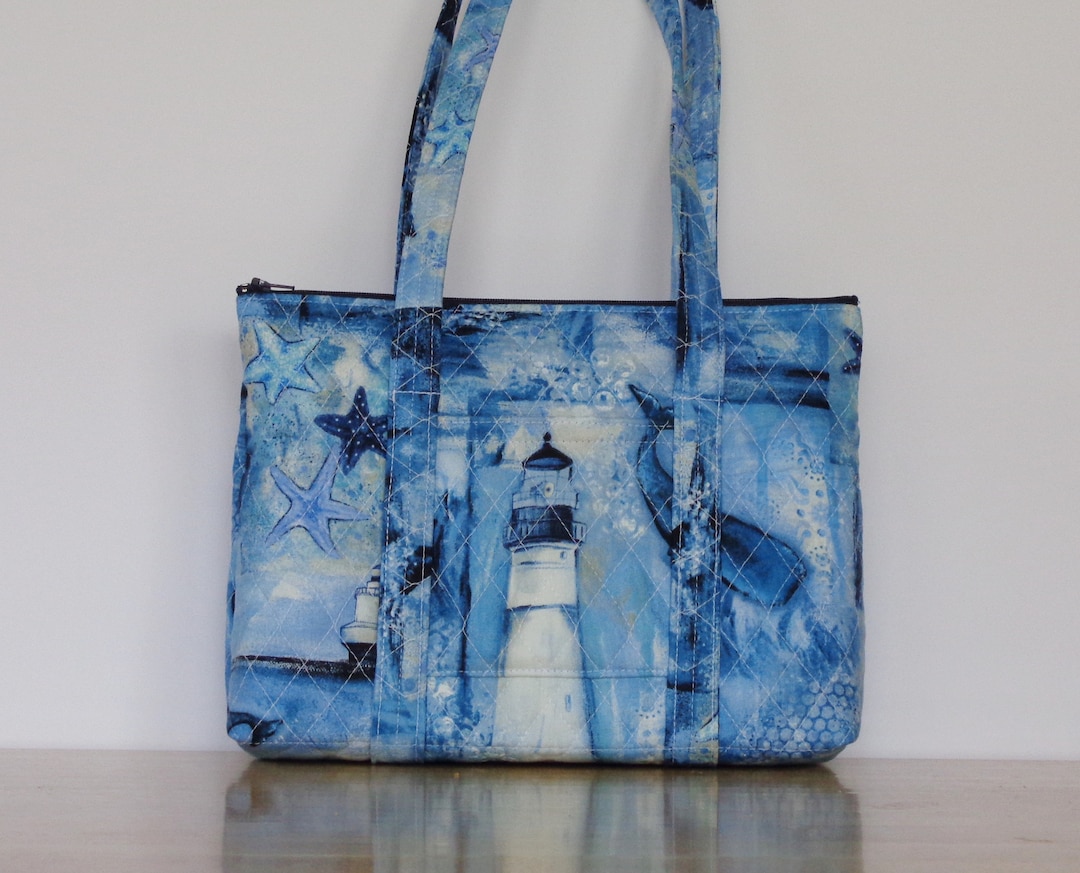 Lighthouse Whales Starfish Blue Navy White Print Quilted Purse Quilted ...