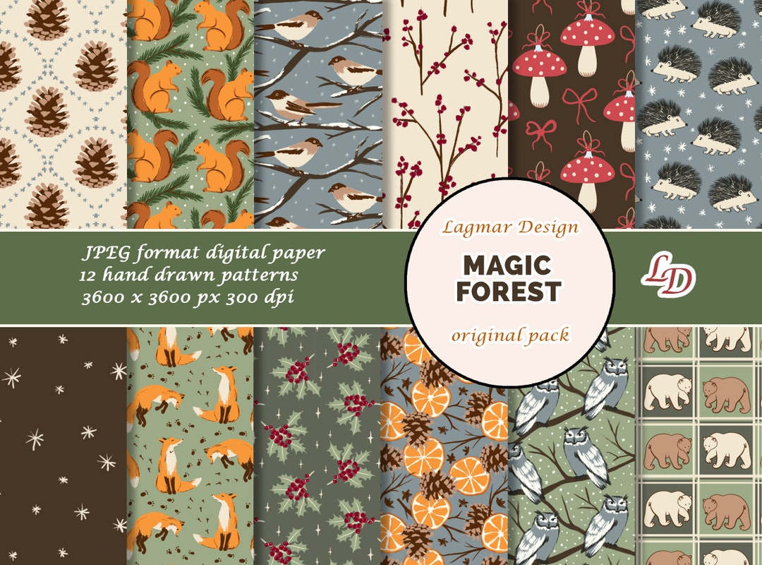 Forest Digital Paper, Magic Woodland Seamless Pattern Files, Animals ...