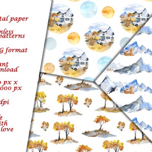 Fall Landscape Mountain Digital Paper, Camping Digital Paper, Trailer ...