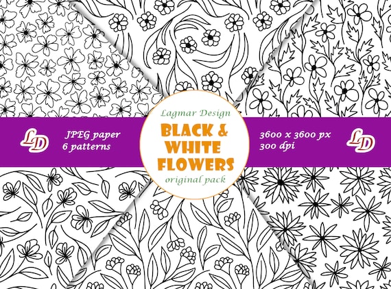 Black and White Floral Digital Paper Flower Seamless Pattern - Etsy