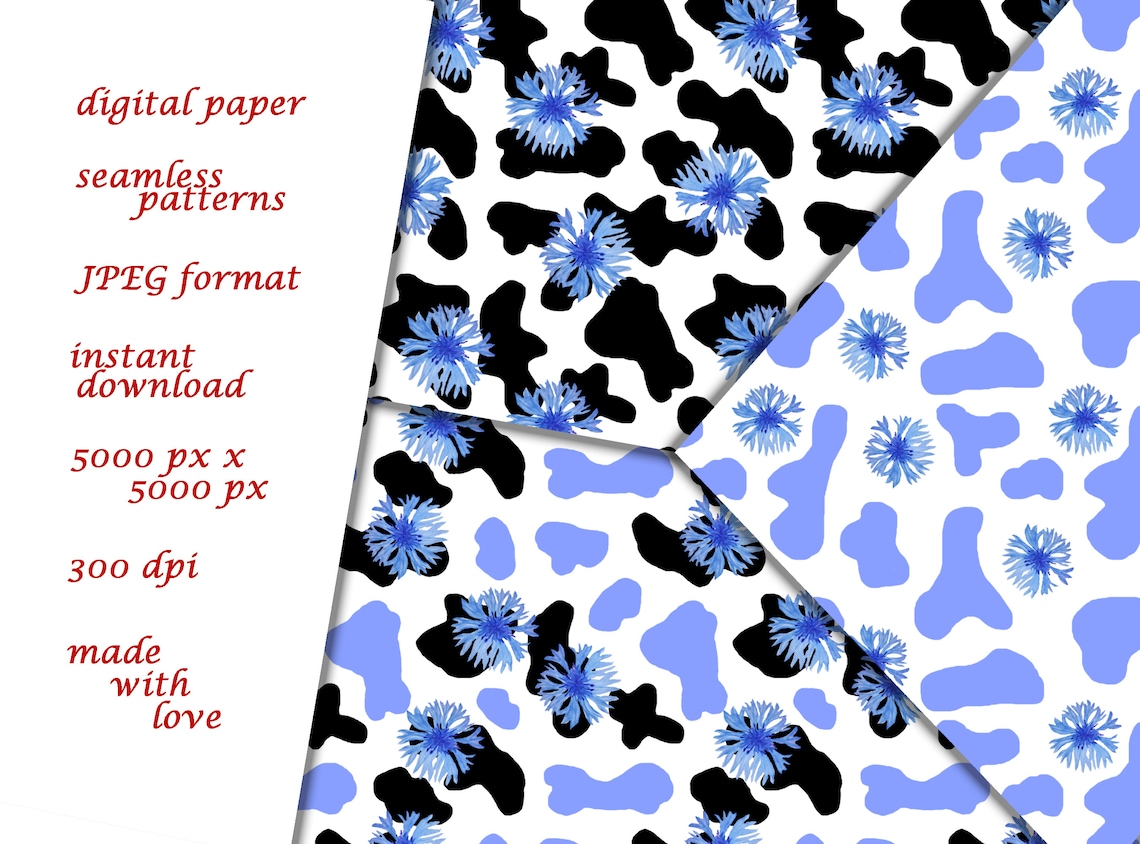 Baby blue cow print seamless pattern file summer cornflower | Etsy