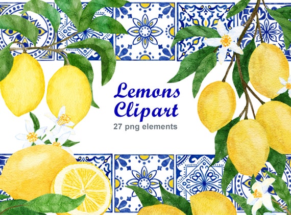 Lemon Clipart Summer Citrus Fruit Wedding Printables Azulejo - Etsy