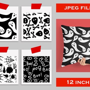 Black White Halloween Digital Paper, Cute Seamless Pattern Files, Skull ...