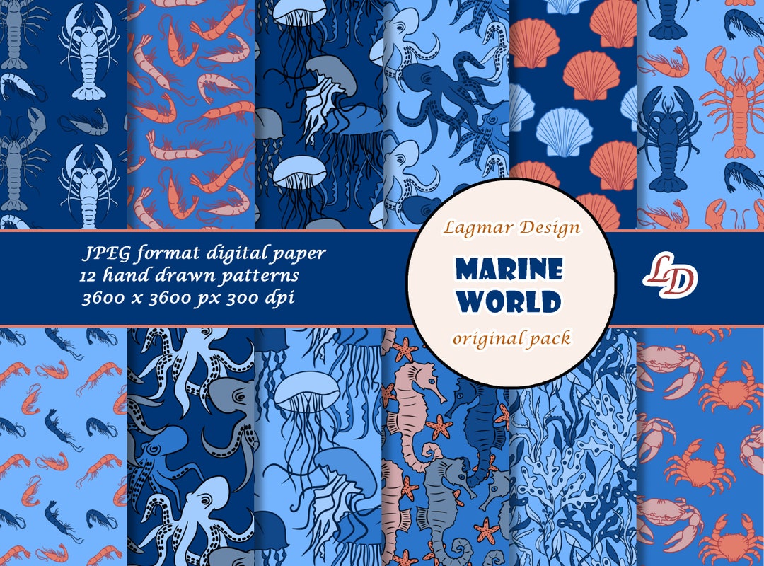 Nautical Digital Paper, Sea Animals Seamless Pattern File, Seahorse ...