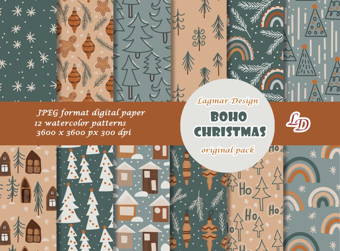 Boho Christmas Digital Paper, Winter Seamless Pattern File, Neutral ...