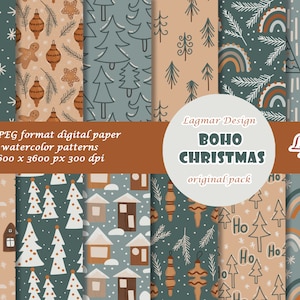 Boho Christmas Digital Paper, Winter Seamless Pattern File, Neutral ...