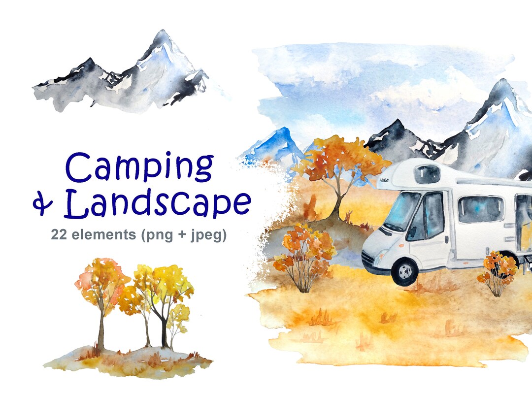 Camping Clipart, Fall Landscape Mountain Clip Art, Trailer Camper Camp ...