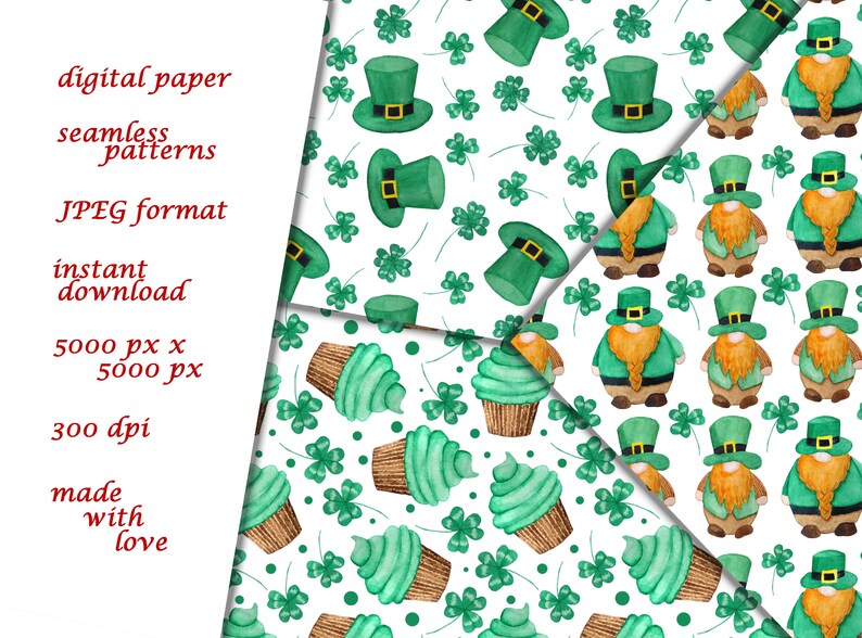 St Patricks Digital Paper, Shamrock Digital Paper, Leprechaun Gnome, St ...