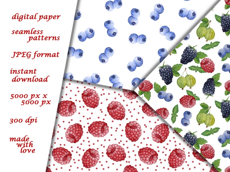 Watercolor Berry Digital Paper, Summer Food Digital Paper, Blueberry ...