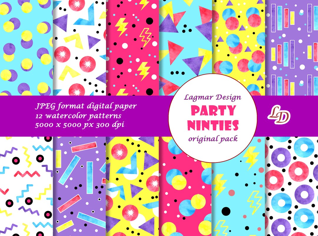 80s & 90s Digital Paper, Memphis Neon Digital Paper, Retro Seamless ...