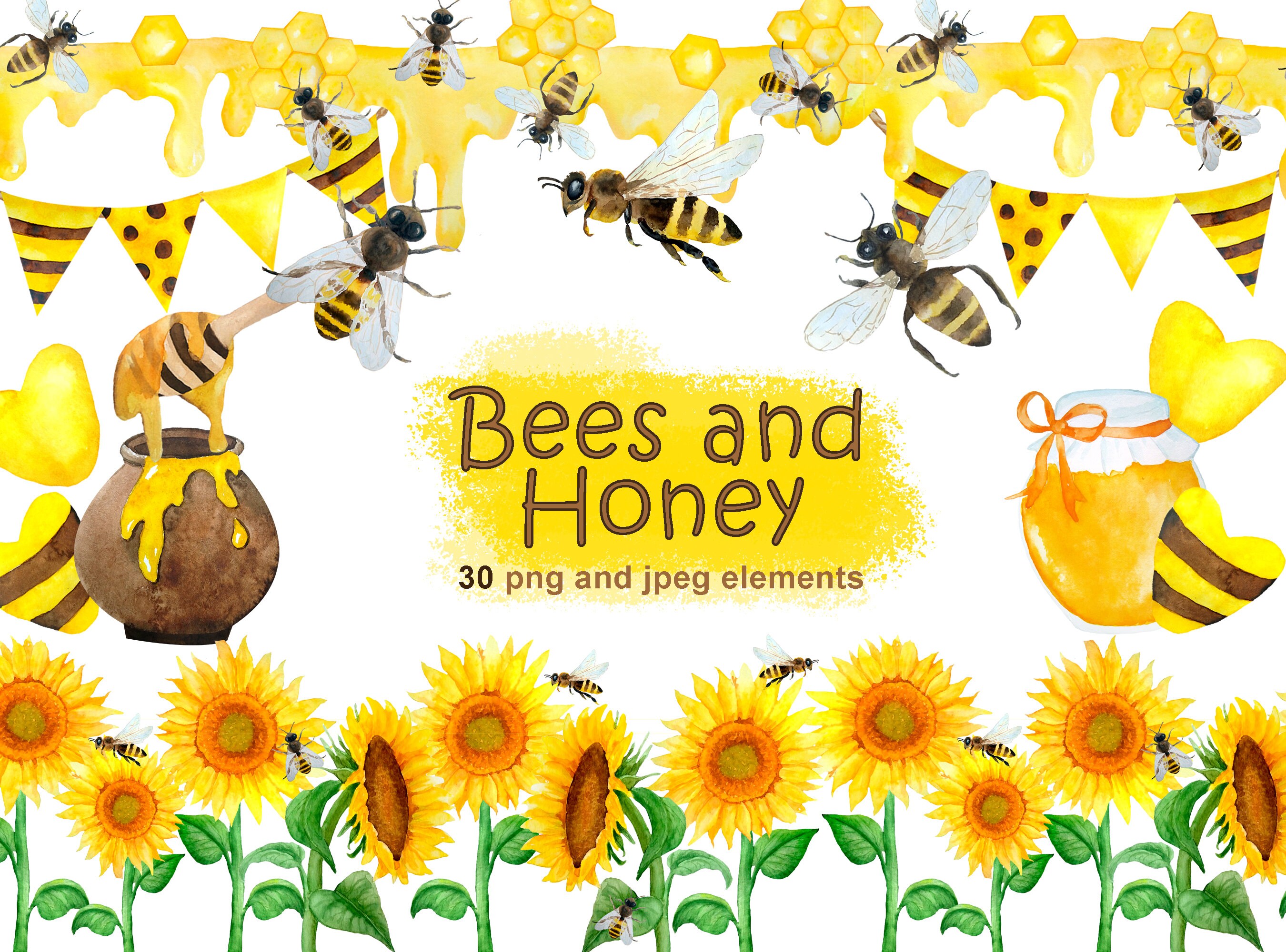 Honey bee clipart / Watercolor sunflower clipart / Honeycomb | Etsy