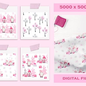 Pink Christmas Gnomes Digital Paper, Nordic Scandinavian Gnomes ...