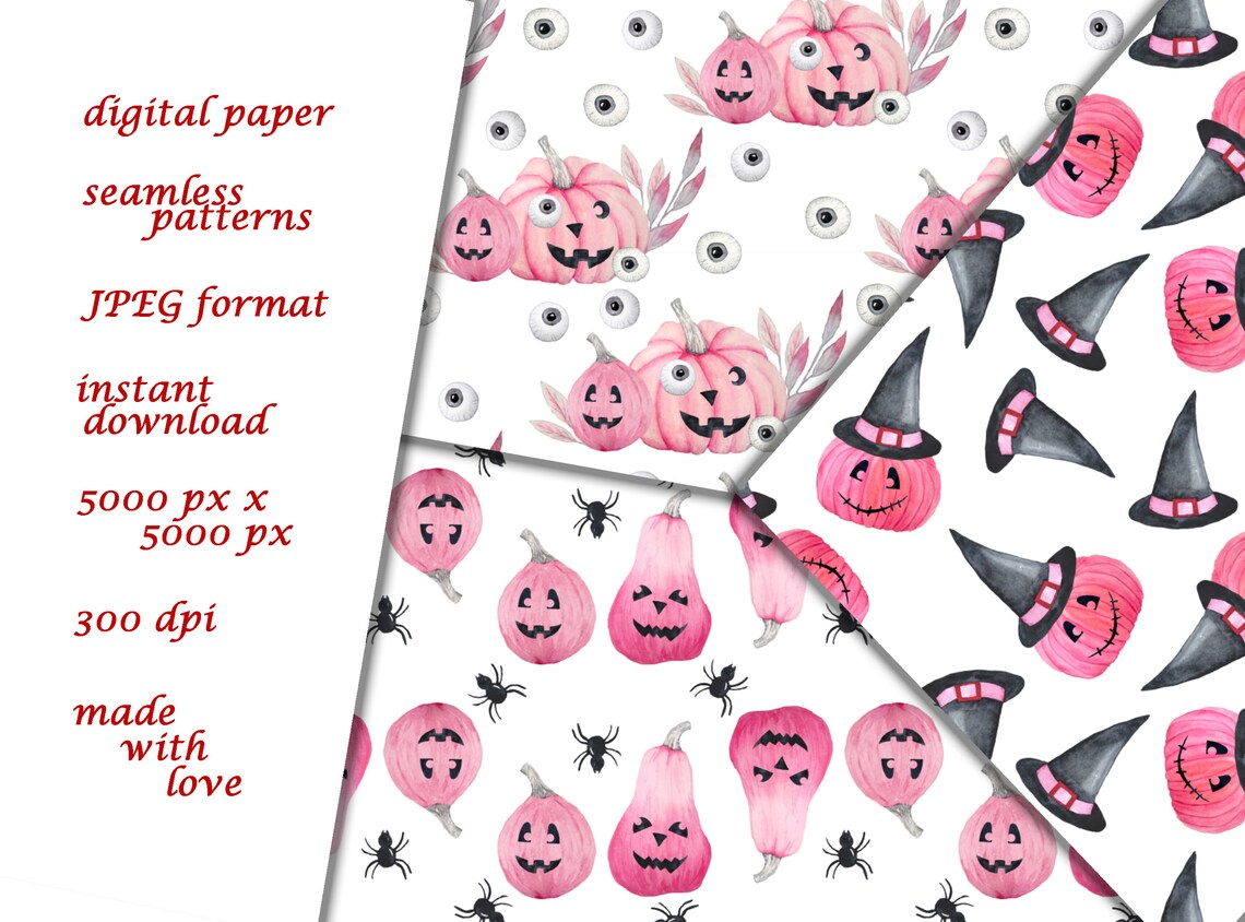 Kawaii Halloween Digital Paper, Cute Pink Seamless Pattern Files, Witch ...