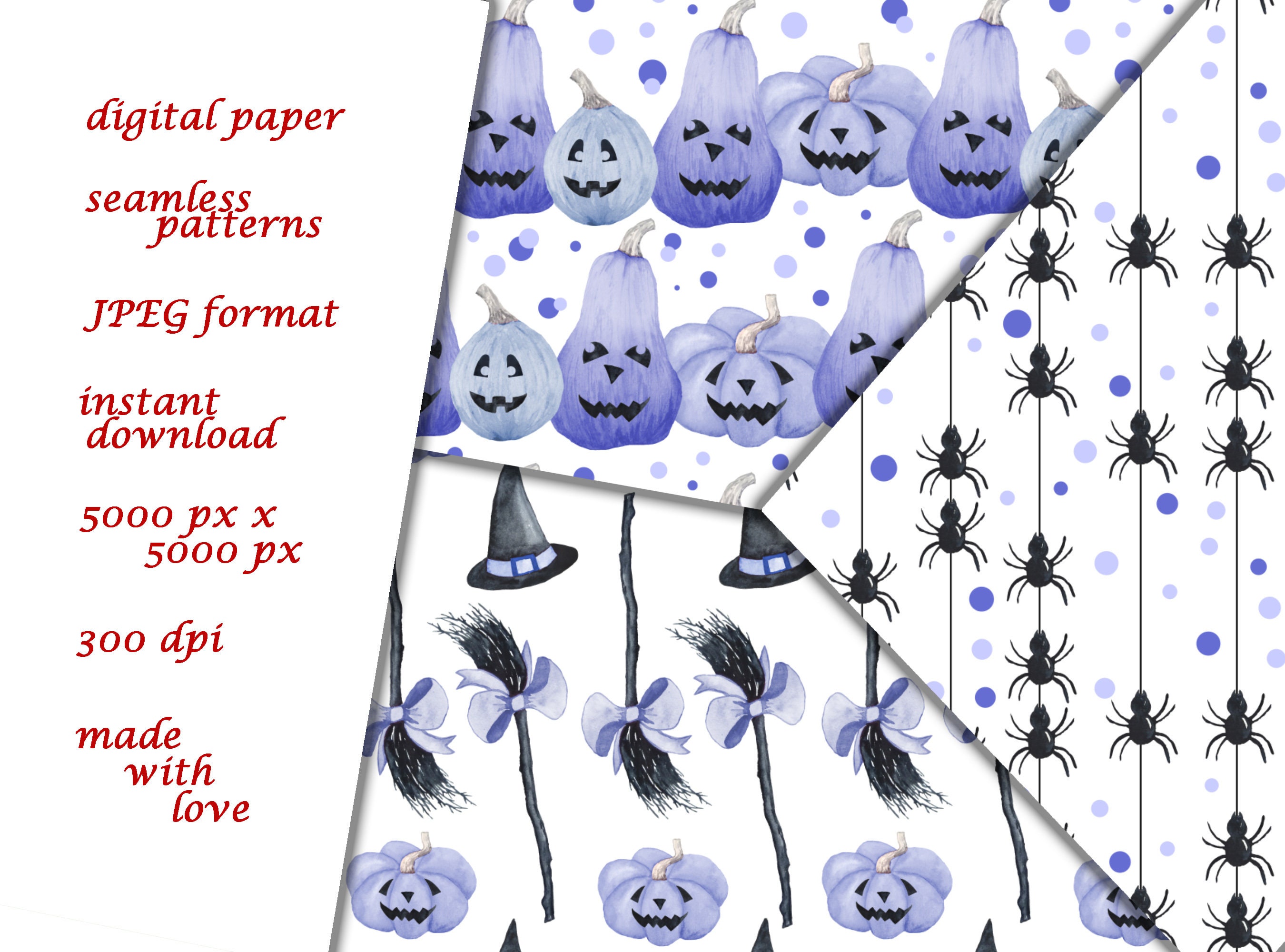Pastel Blue Halloween Digital Paper, Fall Seamless Pattern Files, Cute ...