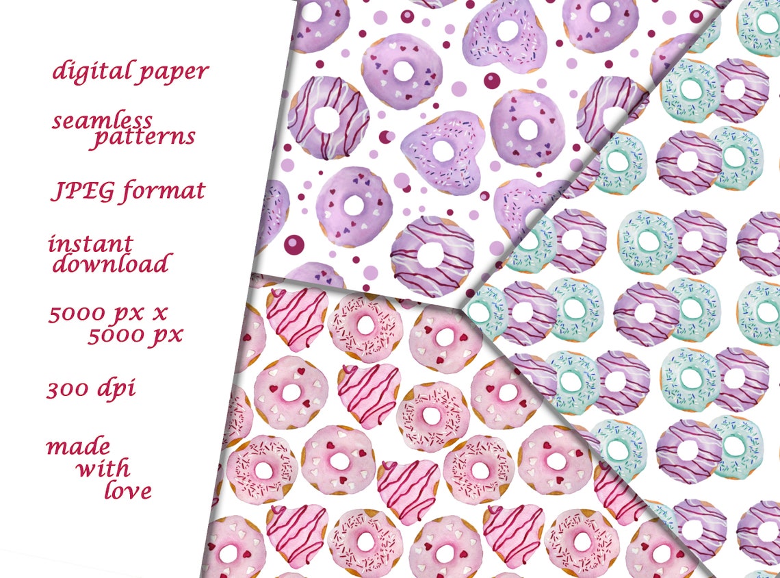 Donut Digital Paper Food Seamless Pattern File Valentine Day | Etsy