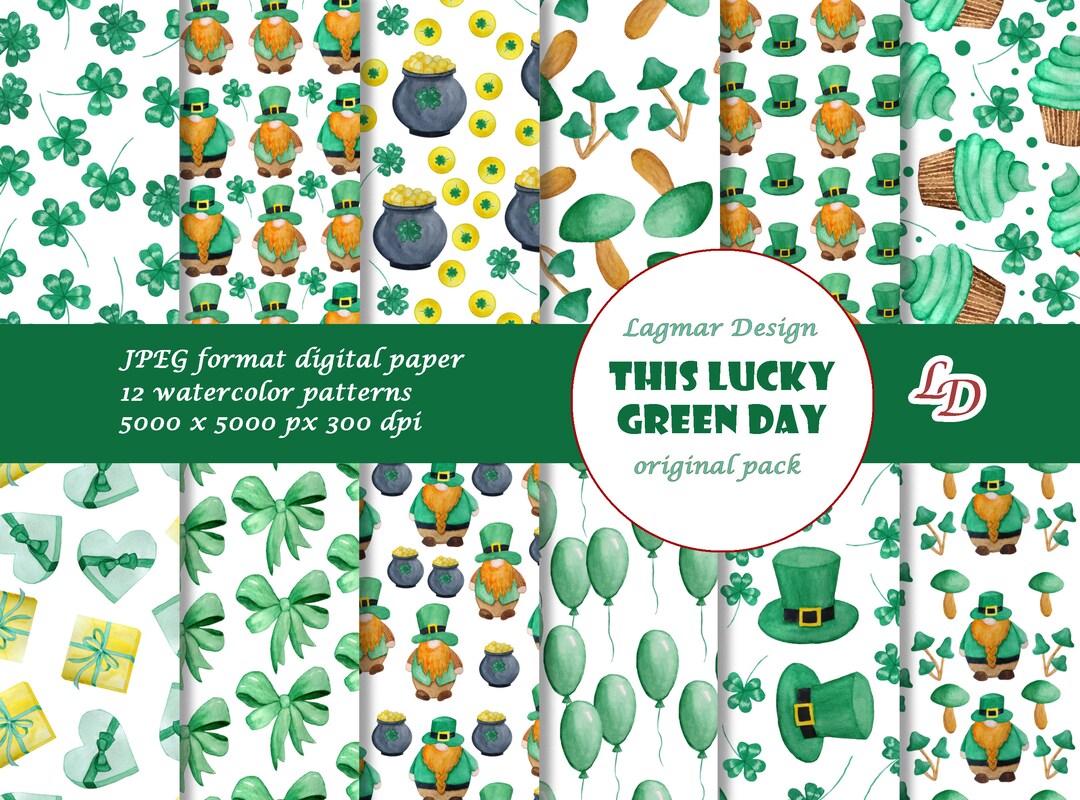 St Patricks Digital Paper, Shamrock Digital Paper, Leprechaun Gnome, St ...